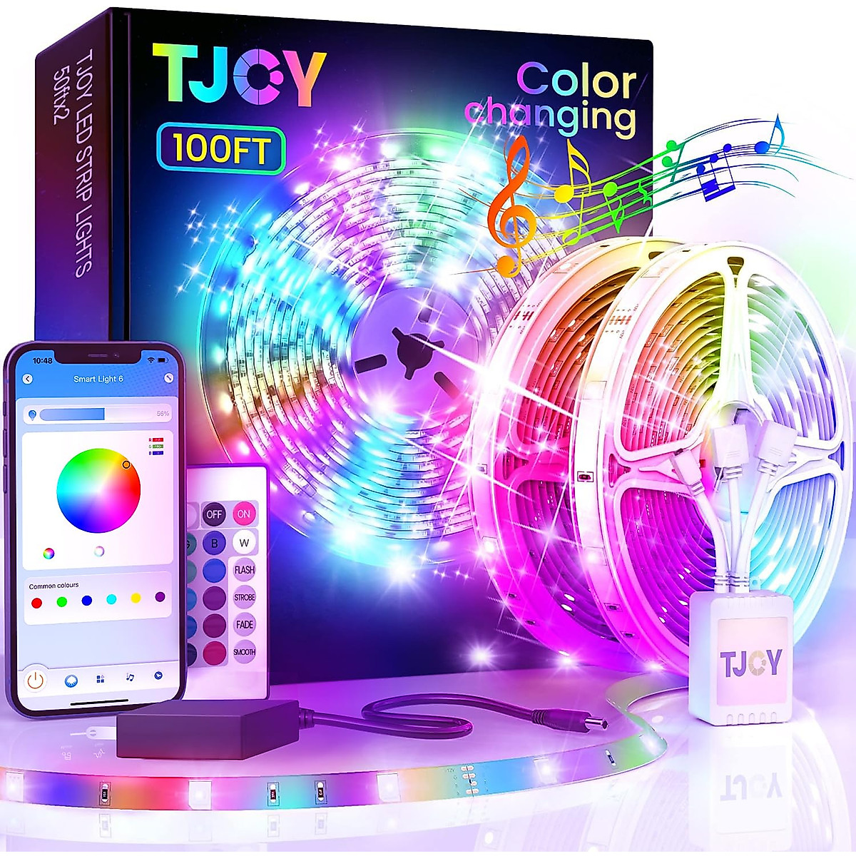 100ft Bluetooth LED Strip Lights, SMD5050 Music Sync LED Lights Strip, RGB Color Changing LED Lights with Remote,Smart Phone APP Control, LED Lights for Bedroom,TV,Room DIY (APP+Remote +Mic/50ftx2)