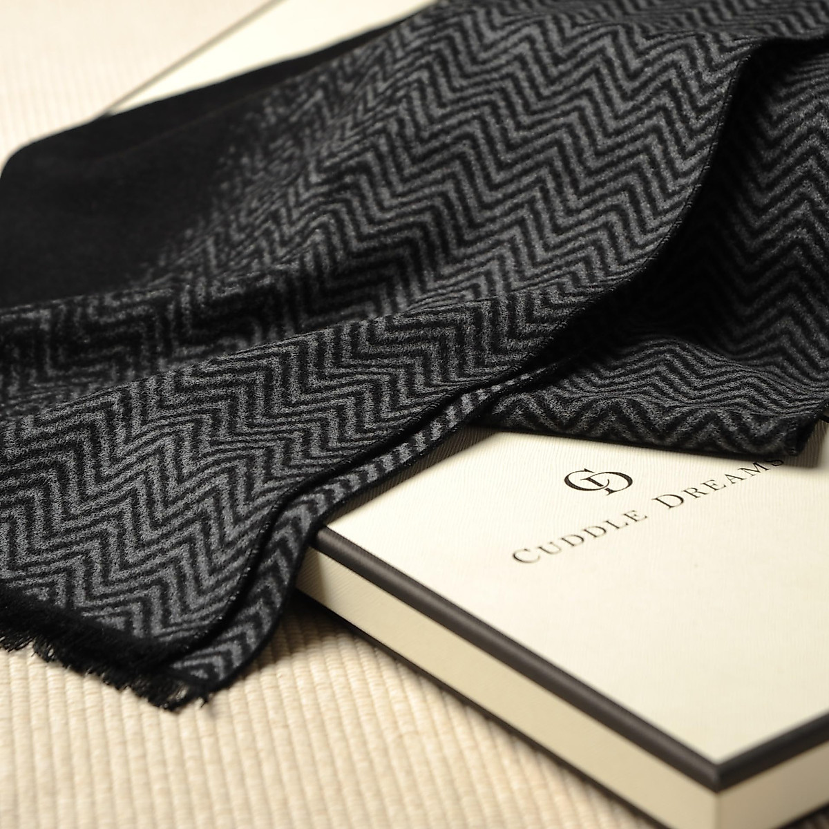 CUDDLE DREAMS Men's Silk Scarves, 100% Mulberry Silk Brushed, Luxuriously Soft (Black Gray Herringbone)