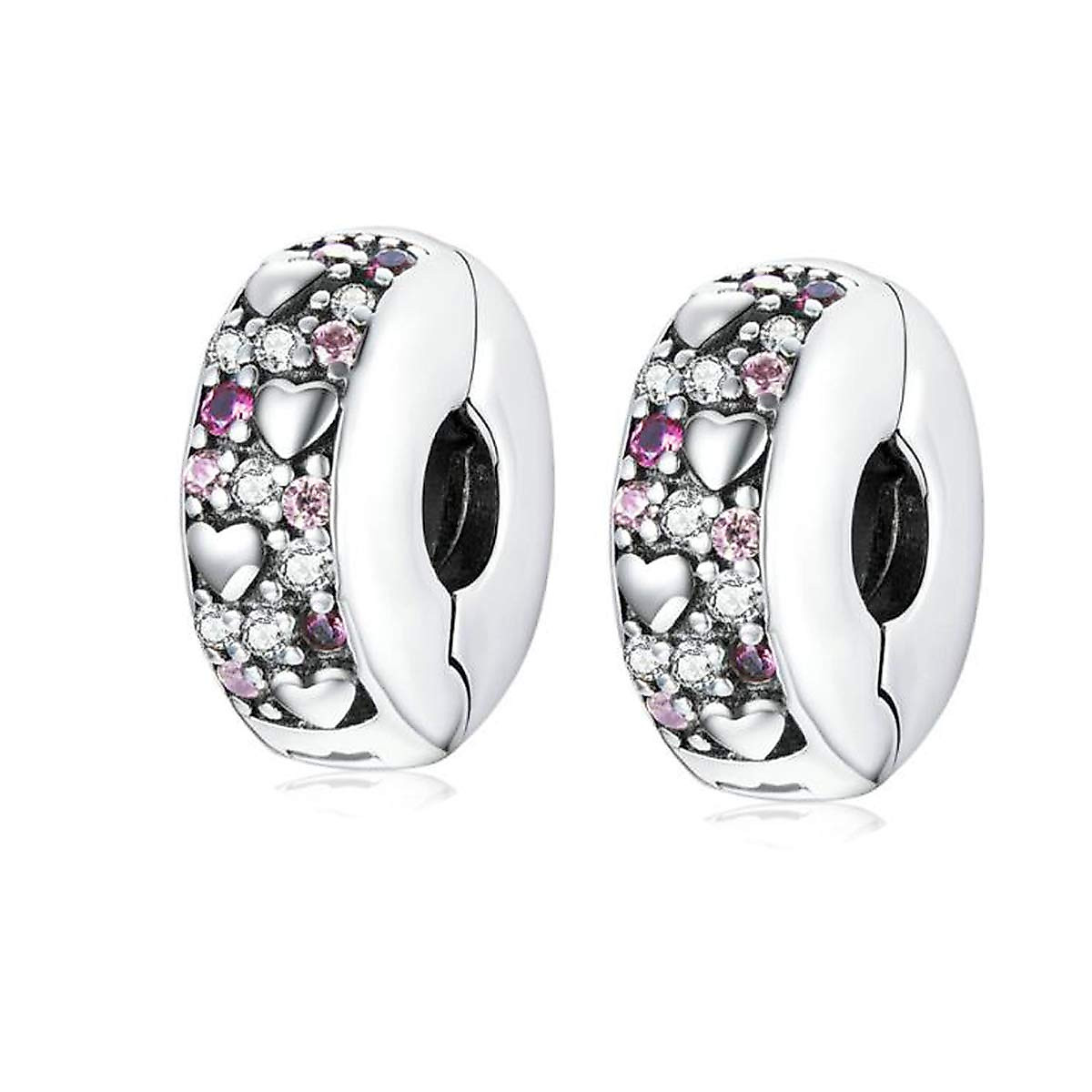 2pc Clip Spacer Charm Bracelets for Women 925 Sterling Silver Blue White Crystal Charm Clip Lock Spacer Stopper Charm Bead for Bracelet (Pink Crystal Love -2pc)