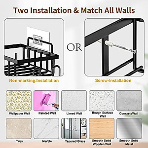 5 Pack Shower Caddy, Shower Shelf for Inside Shower, Bathroom Shower Organizer, Self Adhesive Shower Shelves, No Drilling Shower Rack Shower Storage with 20 Hooks, 2 Soap Holder, 1 Hanging Rod (Black)