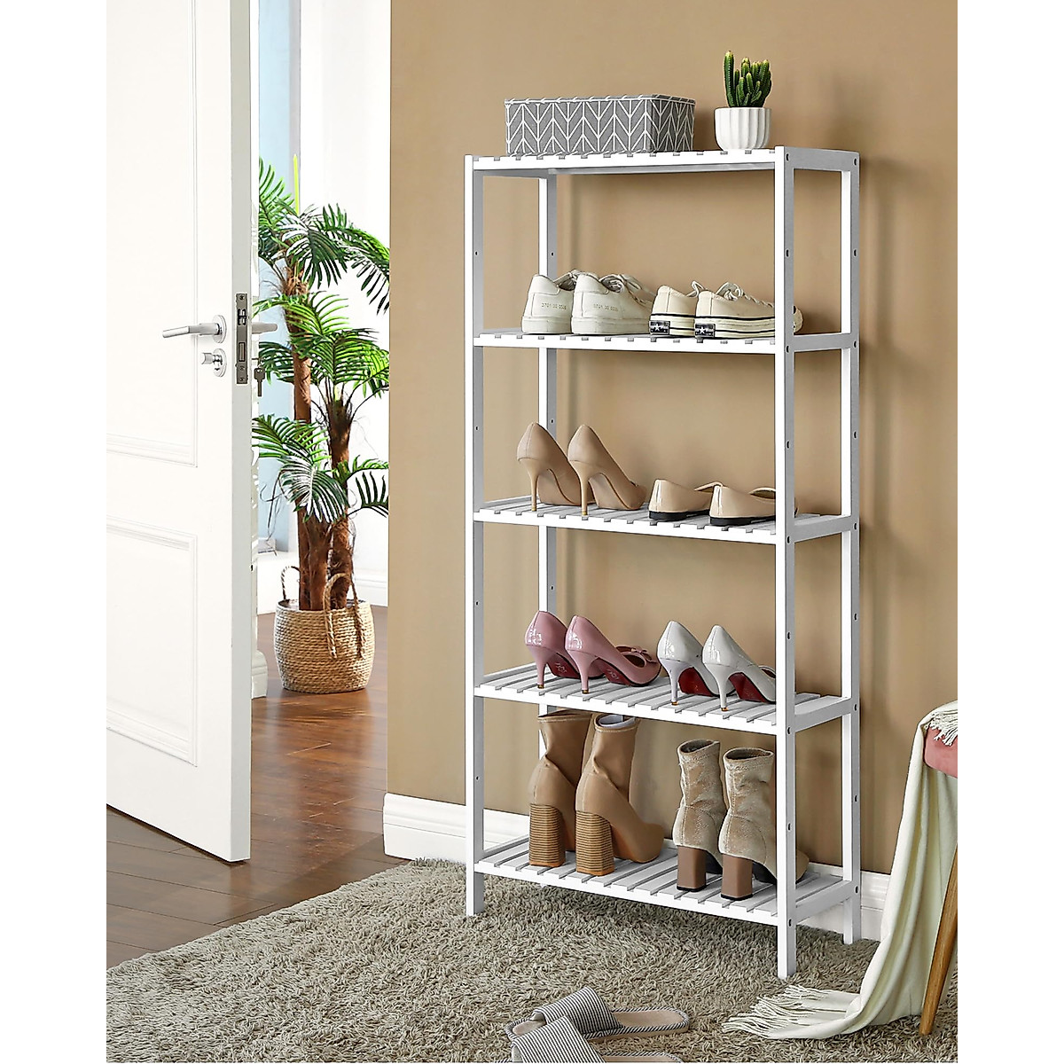 SONGMICS Bamboo Storage Shelf, 5-Tier Shelving Unit, Multifunctional, in The Entryway, Bathroom, Living Room, Balcony, Kitchen, 10.2 x 23.6 x 51.2 Inches, White UBCB35WT