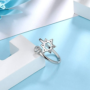 Star of David Ring Adjustable Women Men 925 Sterling Silver Magen David Star Round Zircon Solitaire Ring Judaic Star Of David Jewelry Gift for Mom Wife FR0020W