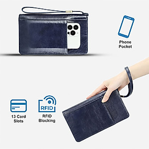 Contacts Passport Wallet Leather Family Passport Holder for 4 Travel Documents Organizer RFID Blocking Zipper Blue Card Wallet with 13 Card Slot