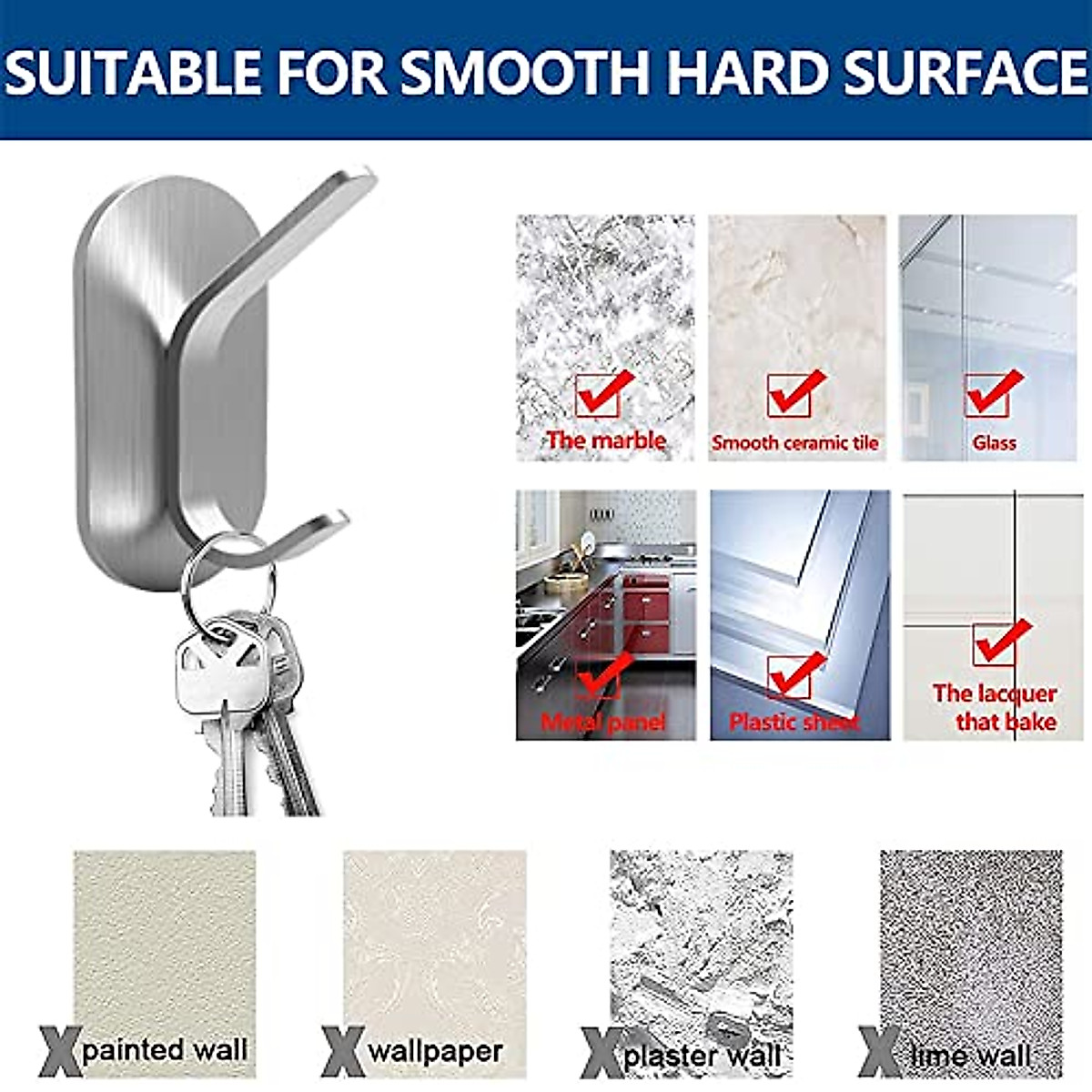 Adhesive Hooks Stick On Hooks - Stainless Steel Waterproof Wall Hangers Heavy Duty Hooks for Hanging Coat/Hat/Towel/Robe/Bathroom Hooks/4 Packs