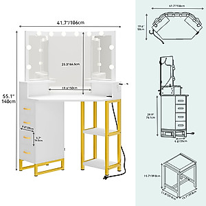YITAHOME Vanity Desk with Lights, Power Outlet, 3 Color Options, Storage Drawers, Shelves, Stool - White