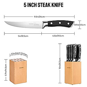 OAKSWARE Steak Knives Set of 8 with Block, 5 inch Non Serrated Steak Knife Set, 8 Pieces Professional Straight Edge Kitchen Table Dinner Knives - Forged German Steel - Full Tang Handle