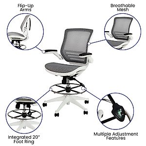 Flash Furniture Waylon Mid-Back Swivel Office Chair with Adjustable Foot Ring and Seat Height, Ergonomic Mesh Chair with Armrests, Gray/White