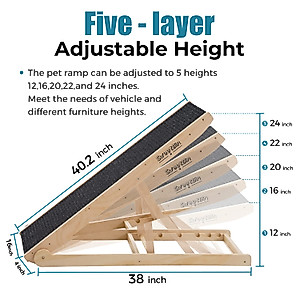 SweetBin Wooden Adjustable Pet Ramp for All Dogs and Cats - 41" Long and Adjustable from 12” to 24”- Up to 200LBS - Non Slip Carpet Surface and Foot Pads - Folding Dog Car Ramps for SUV, Bed, Couch