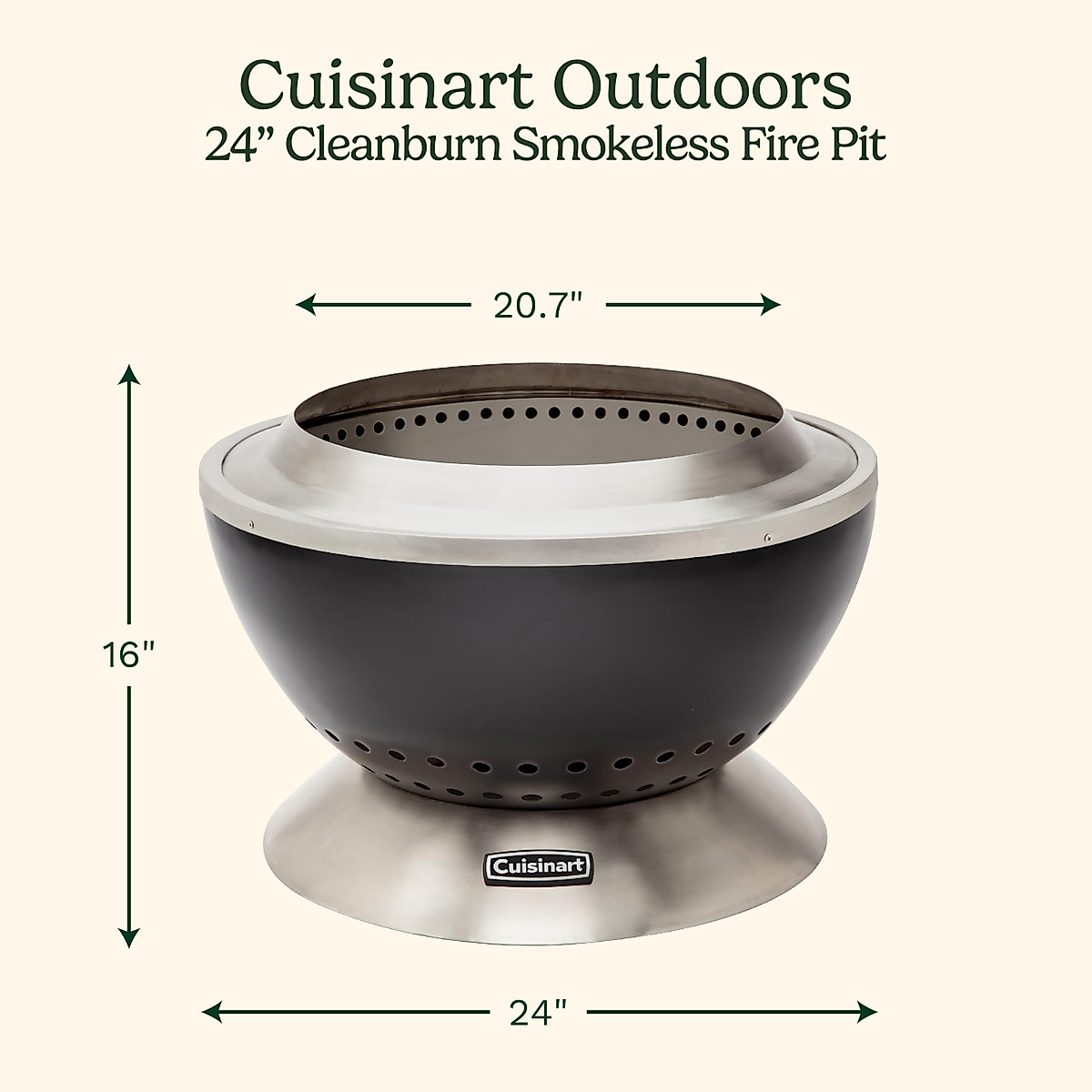 Cuisinart 24” Cleanburn Smokeless Fire Pit with Removable Base for Ash, Portable Outdoor Wood Burning Fireplace, Smoke Free Stainless Steel Outdoor Heater, Enhanced Airflow and Easy Cleanup