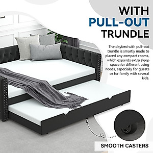 KINFFICT Velvet Full Daybed with Twin Trundle, Modern Upholstered Full Size Day Bed Button-Tufted Sofa Daybed Frame with A Roll-Out Trundle (Black)