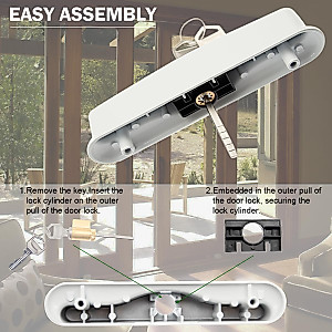 Sliding Patio Door Handle Set with Key and Mortise Lock ,(White ) Replacement Glass Sliding Door Lock Thickness from 0.75in to 1.4in, 4-15/16" Screw Hole Spacing，Reversible Design，Keyed，Lock Outside