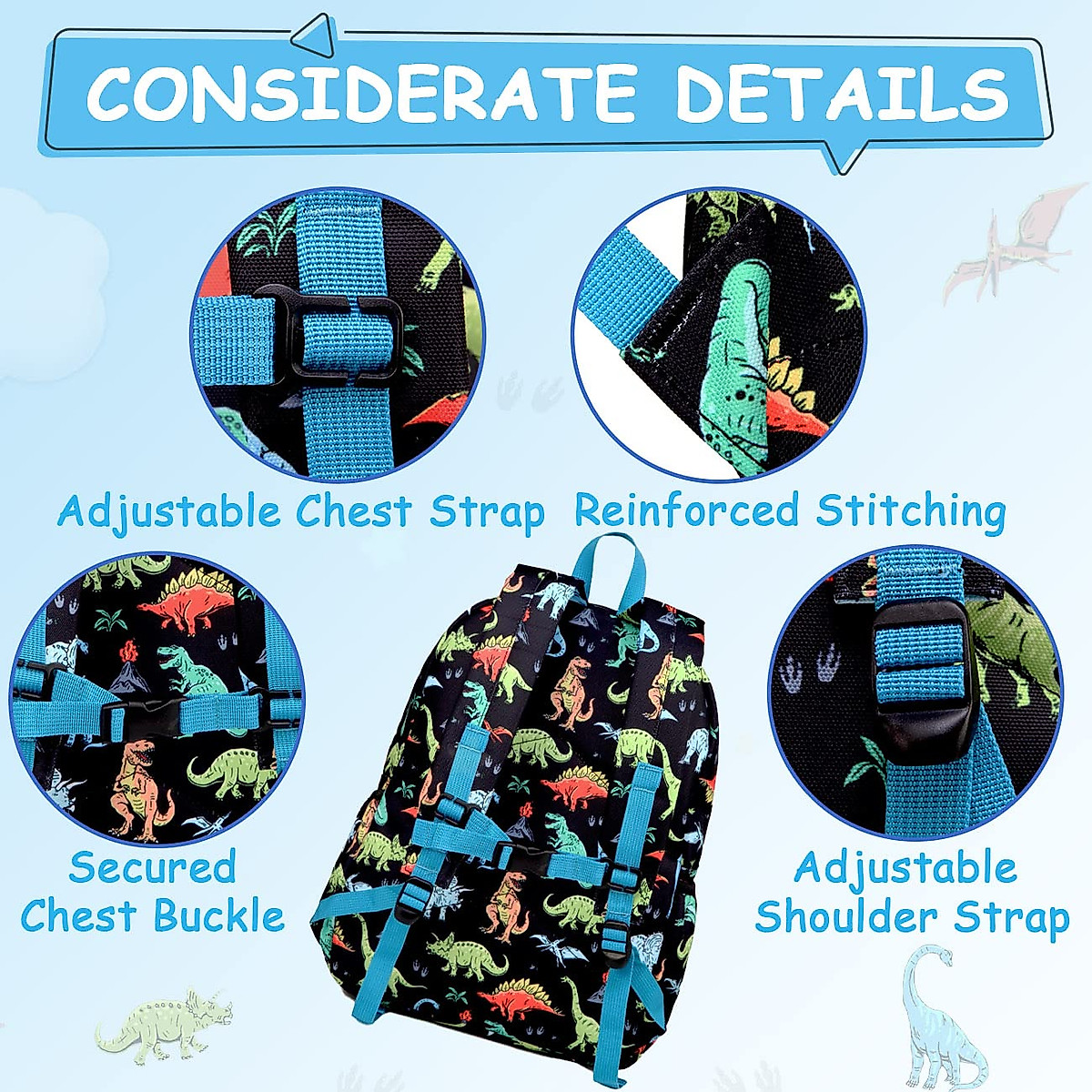 VASCHY Dinosaur Backpack for Boys, Kids Water Resistant Lightweight Backpack for Toddlers Daycare Preschool Blue