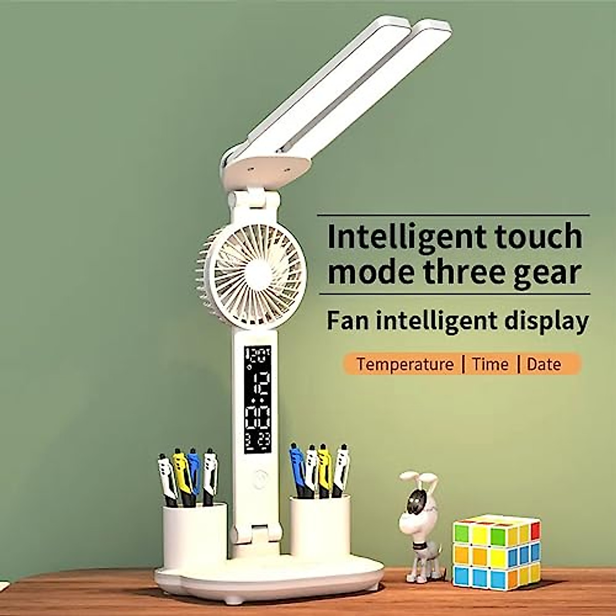 Desk Lamp LED, Lamp with Fan - Foldable Multifunction Table Lamp with Clock Date and Calendar - Led Desk Light with Pen Holder for Bedroom, Home Office Desk Lamp - Reading Table Lamp