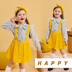 YOUNGER TREE Toddler Girl Outfits 1-4 T Long Sleeve Shirt Overall Skirt Headband Set School Uniform Dress (Polka Dot Blouse + Yellow Suspender Skirt Headband 3PC Set, 4T)