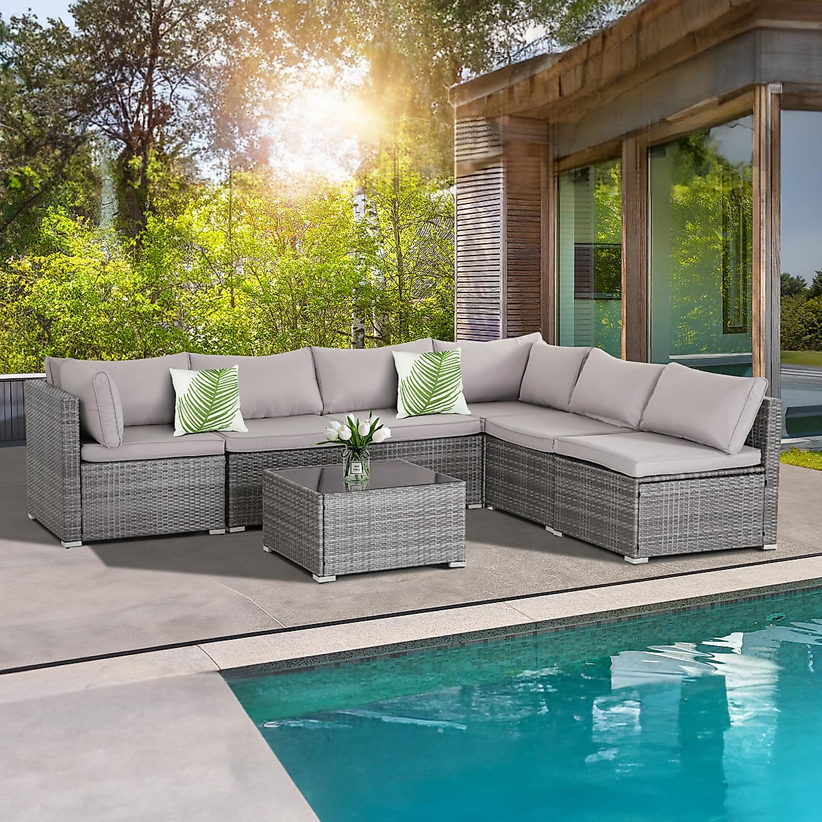 Seogwisam 7 Pieces Patio Furniture Set,Wicker Outdoor Conversation Set,Rattan Sectional Sofa Set w/Washable Cushions & Glass Coffee Table for Porch Poolside Backyard-Gray/Gray