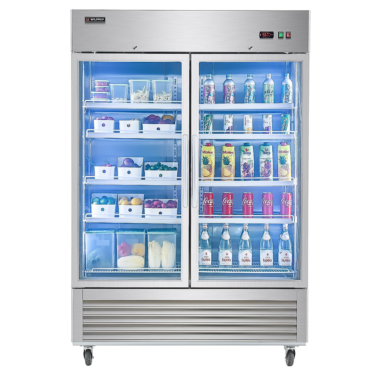 Wilprep Commercial Refrigerator, 54" 2 Glass Door Display Refrigerator with 42.2 cu. ft. Capacity, Reach in Merchandise Fridge Stainless Steel Beverage Cooler with Adjustable Shelves for Restaurant