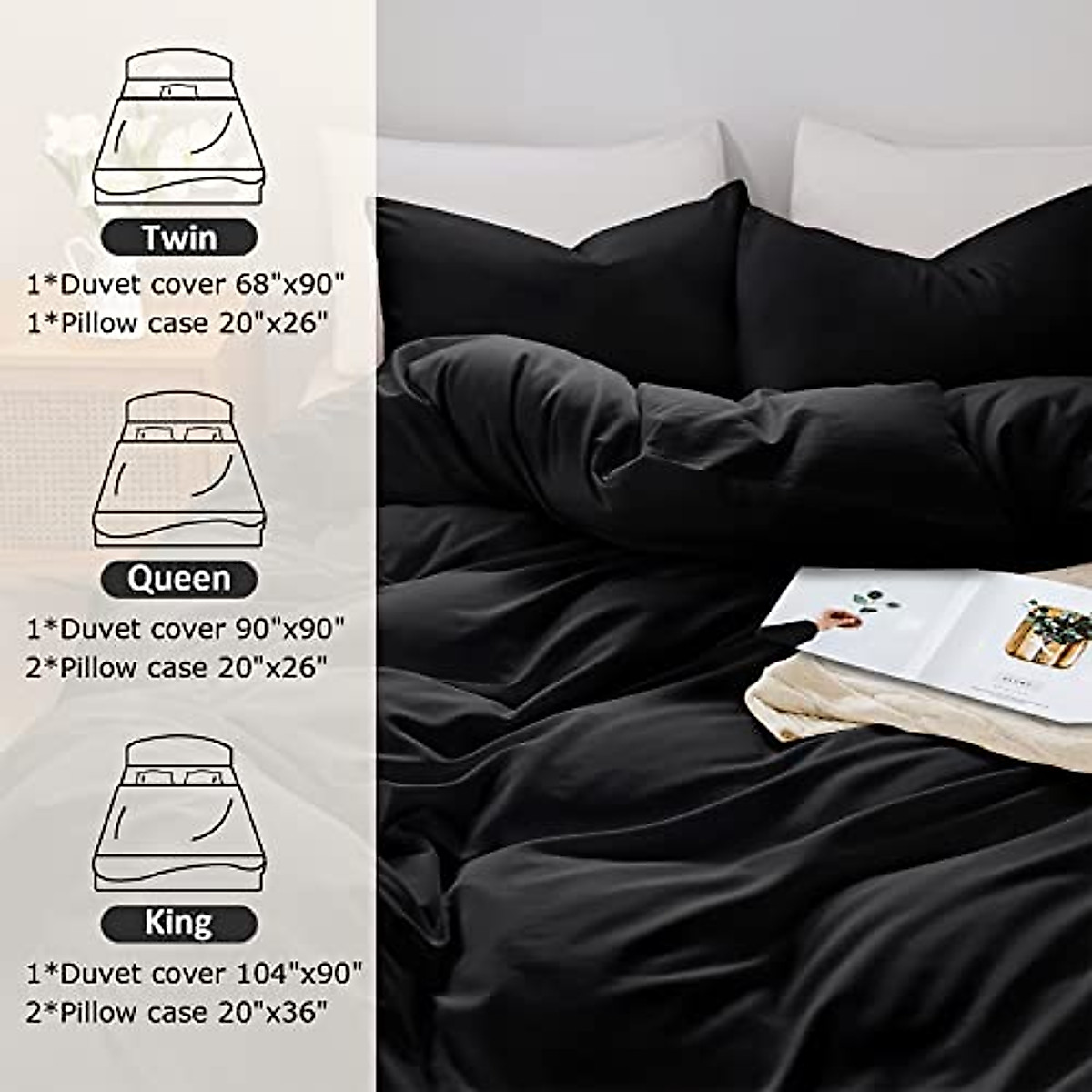 mafudoxi Duvet Cover Queen, 3 Piece Queen Size Duvet Cover, Soft and Breathable Queen Duvet Cover with Zipper Closure & Corner Ties,1 Duvet Cover 90"x90" & 2 Pillow Cases, Black