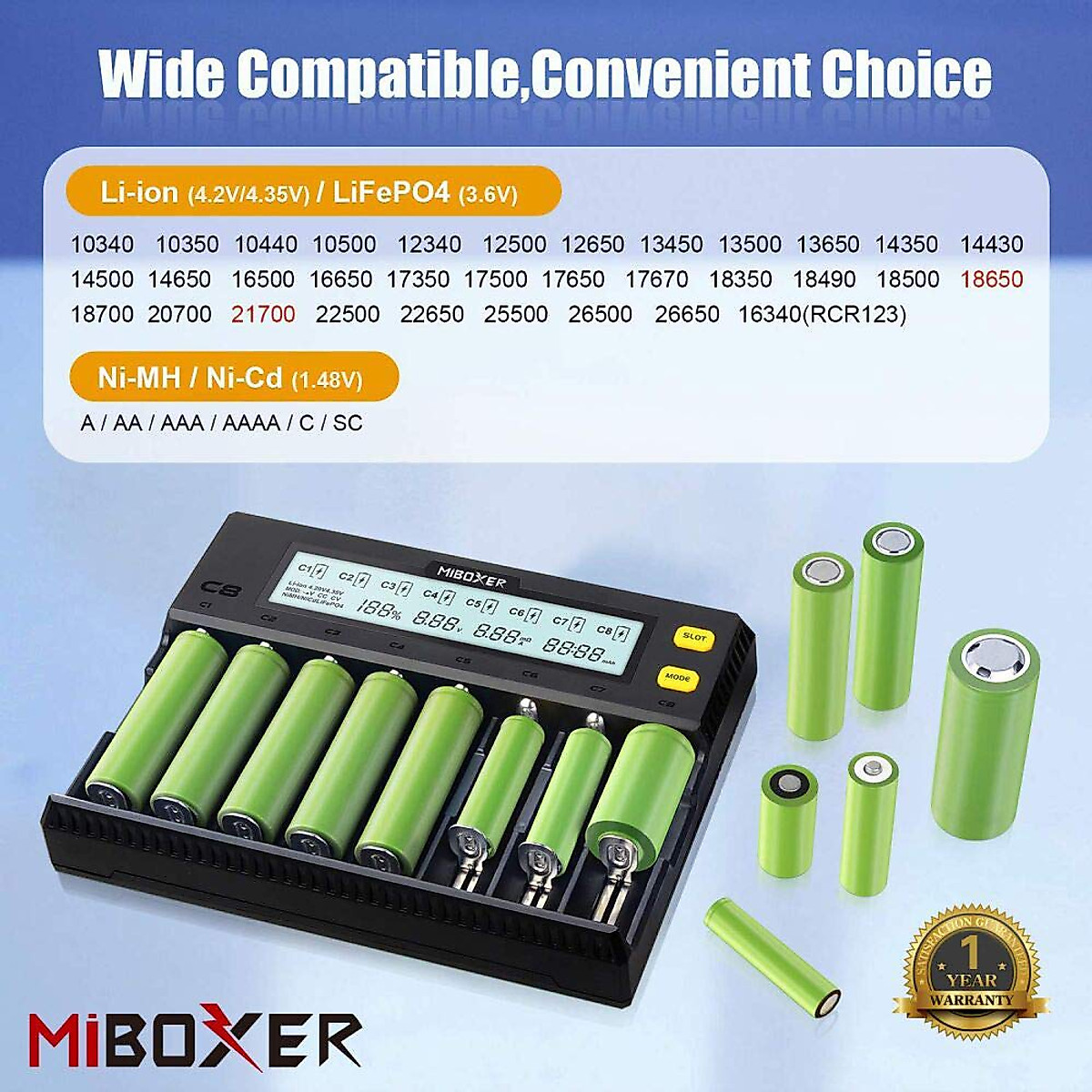 MiBOXER 18650 Battery Charger, 8-Bay Smart Charger with Automatic LCD Display, Fast Charge Rechargeable Li-ion LiFePO4 Ni-MH Ni-Cd AA AAA C 21700 26650 13650 16340 18350 18700 RCR123