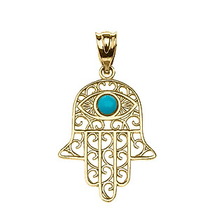 Fine 10k Yellow Gold Hamsa Hand with Blue Stone Evil Eye Pendant