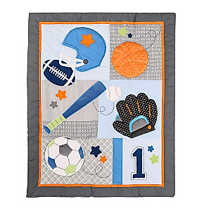 2 PCs Blue Sports Themed Nursery Crib Bedding Set Quilt, Fitted Sheet Soccer Basketball Baseball Embroidery Baby Boy Cot Bedding Set