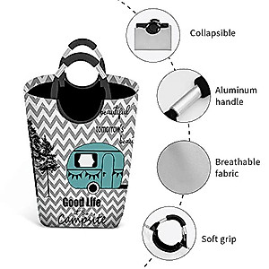 Wondertify Camper RV Laundry Hamper Trailer Travel Tree Chevron Zig-Zag Stripes Camping Happy Camp Clothes Basket With Easy Carry Handles For Clothes Organizer Toys Storage