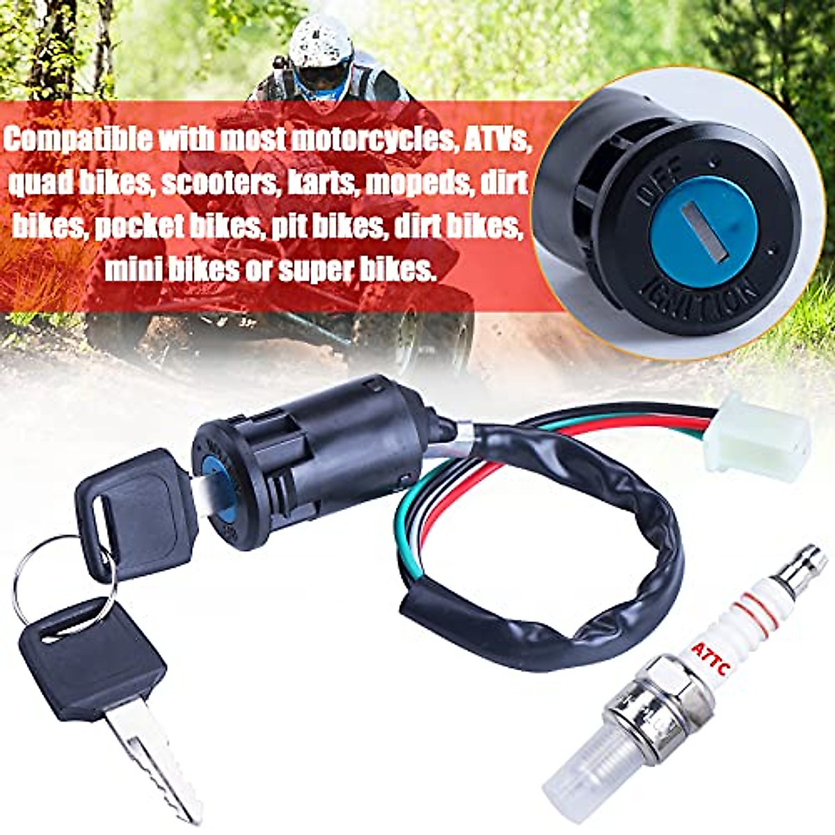 MWMNUN Ignition Key Switch 2pcs 4-Wire 4-pin and A7TC Spark Plug Replacement for Taotao Coolster Sunl 50cc 70cc 90cc 110cc 125cc Chinese ATV Dirt Bike Quad Go Kart Moped Scooter Parts