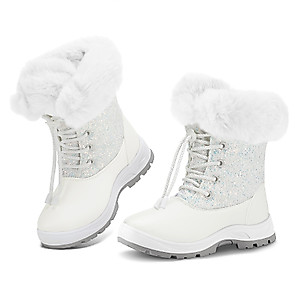 K KomForme Girls Glitter Snow Boots Kids Bungee Lacing Warm Faux Fur-Lined Anti-Slip Outdoor Winter Shoes White Big Kid 2M