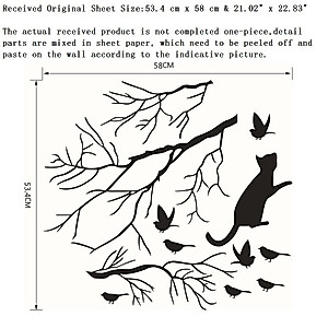 BIBITIME Vinyl Black Cat Staring at Birds on Tree Branch Wall Decal for Living Room Glass Door Window Nursery Bedroom Children Kids Baby Rooms Decor Home Art Murals