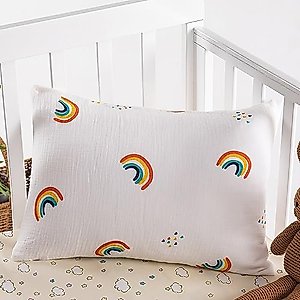 QSTEHEML Toddler Pillow with Muslin Cotton Pillowcase, Soft Breathable Kids Pillows for Sleeping and Traveling, 13 ×18 Small Baby Bed Pillows for Cribs, Cots, Rainbow