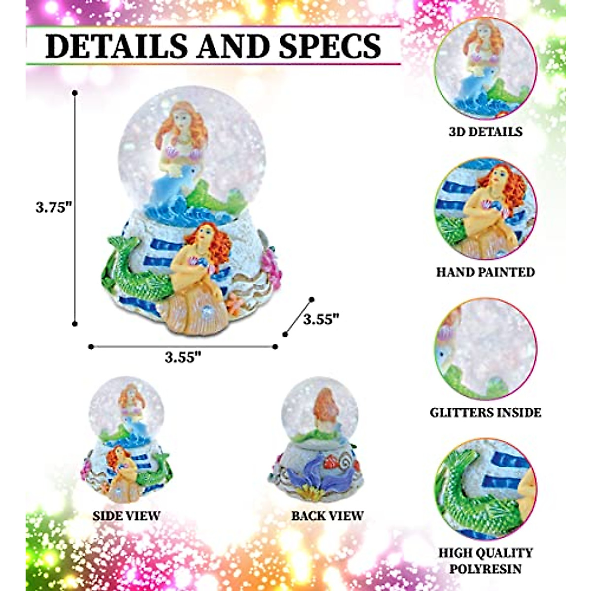 COTA Global Mermaid Stone Snow Globe - Sparkly Water Globe Figurine with Sparkling Glitter, Collectible Novelty Ornament for Home Decor, for Birthdays, Christmas, and Valentine's Day