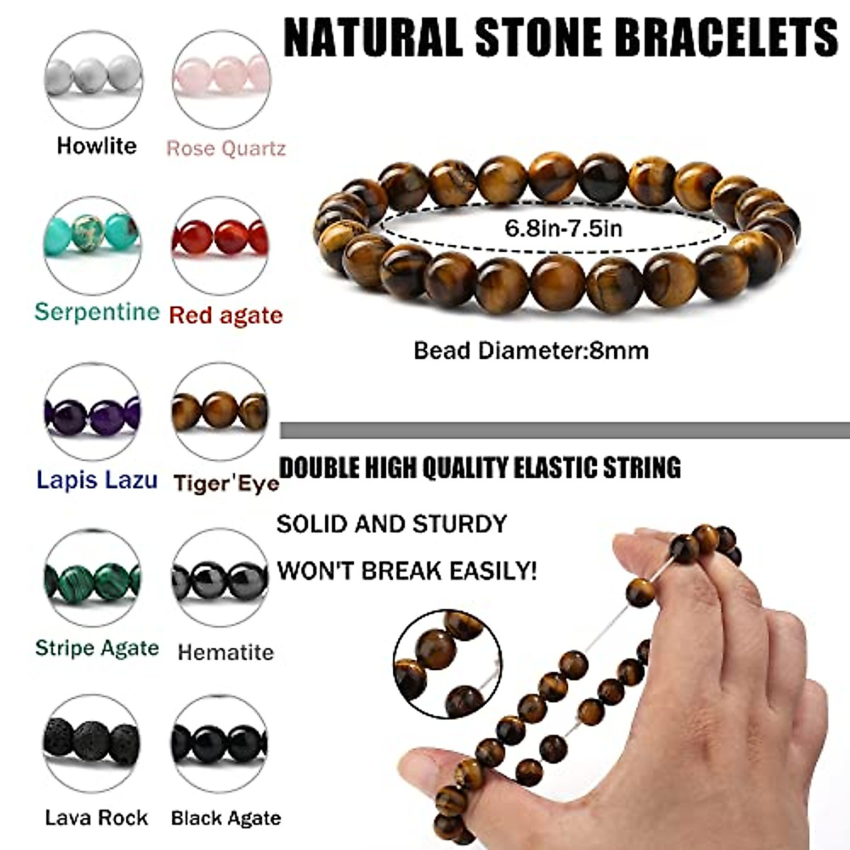 SAILIMUE 10/12Pcs Gorgeous Semi-Precious Gemstones Bracelets for Women Men 8mm/6mm Natural Stone Beaded Bracelets Tiger Eye Lava Rock Healing Crystal Stretch bead bracelet Unisex