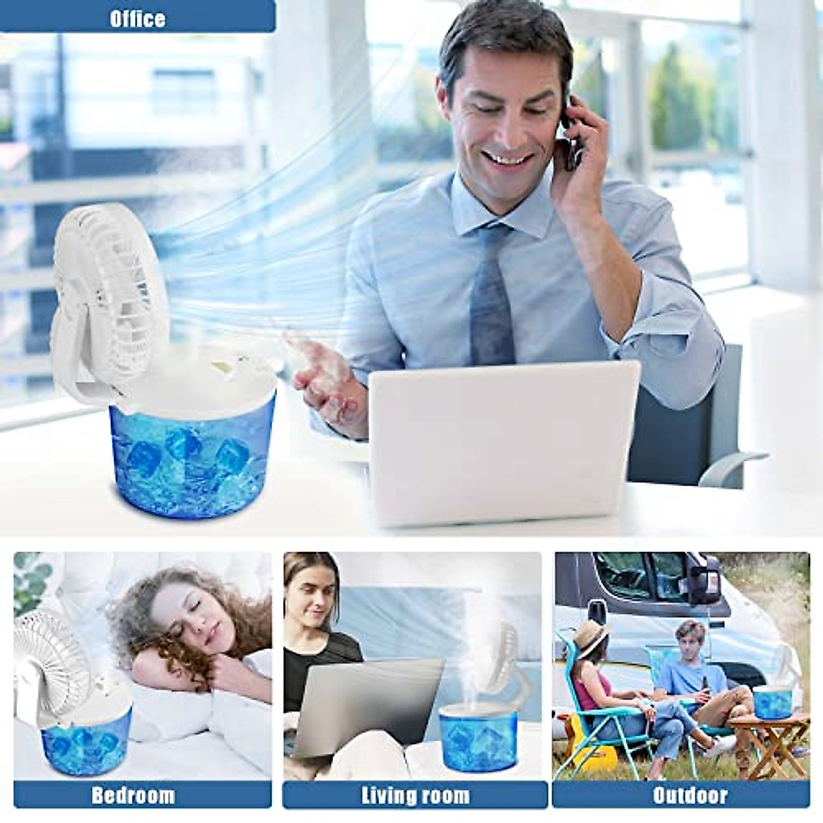 Desk Fan Rechargeable Portable Foldable Fan, Evaporative Mini Personal Air Conditioner with 3 Speeds 3L Water Tank, Air Cooler with Aromatherapy and Night Light for Home, Office and Outdoor