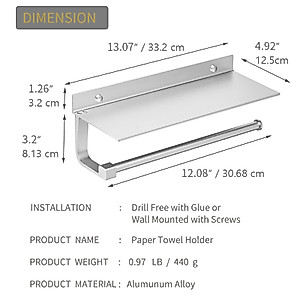 BESy Adhesive Paper Towel Holder Wall Mounted for Kitchen 13 in, Bathroom Tissue Roll Hanger with Storage Shelf, Space Aluminum, Self Adhesive with Glue or Wall Mount with Screws, Dull Polished Silver