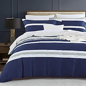 Bedduvit Striped Queen Duvet Cover - 100% Cotton Duvet Cover Queen Size,3 Piece Navy Duvet Cover Queen,Simple Modern Queen Duvet Cover with Zipper Closure & 8 Ties (90"x90", No Comforter)