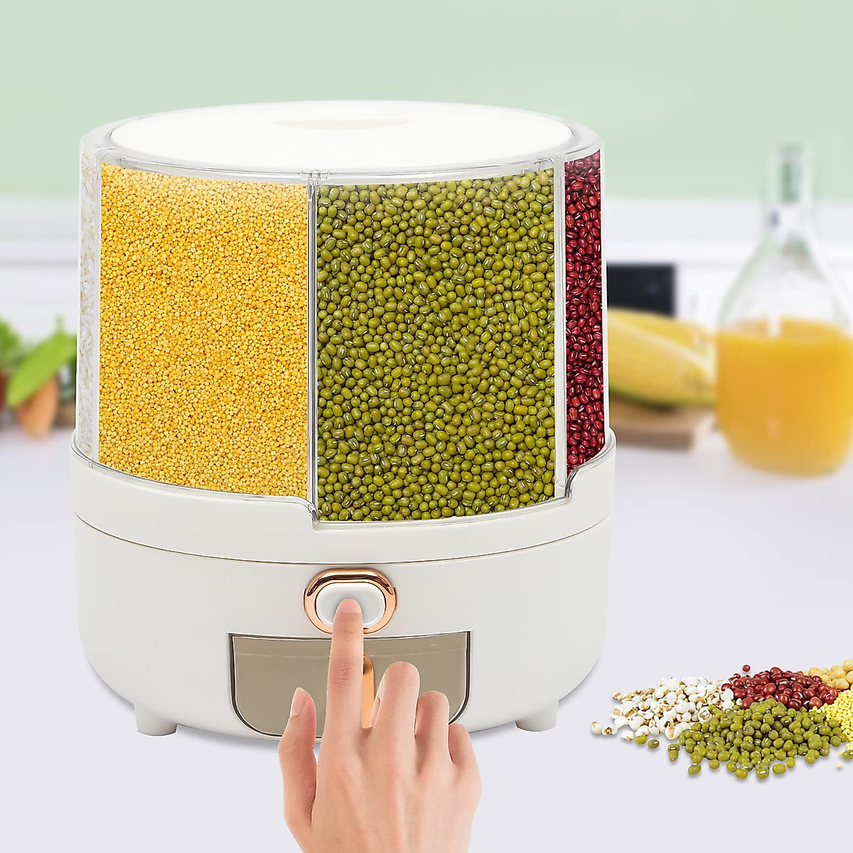 BANLICALI 6 Grid Rice Dispenser, 360° Rotating Dry Rice Dispenser PET PP Kitchen Grain Storage Container with Anti-slip Pads for Store Rice and Beans White+Clear (medium)