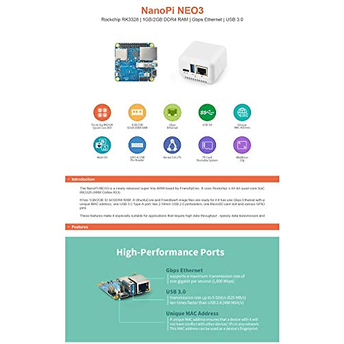 NanoPi NEO3 Rockchip RK3288 Tiny ARM Single Board Computer with 1GB RAM USB3.0,Gbps Ethernet and Unique MAC Address