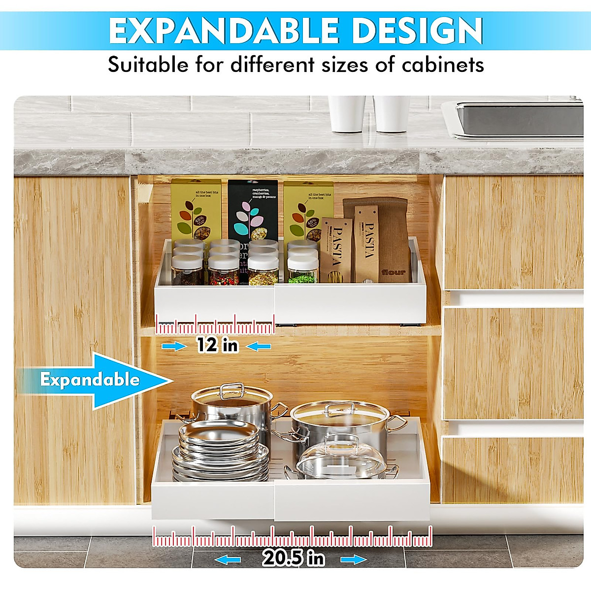 YFXCVSL Pull Out Cabinet Organizer,1 Pack Expandable(12.6''-20.5'') Pull Out Drawers for Cabinets, Slide Out Cabinet Organizers with Adhesive Nano Film for Kitchen Cabinet Organization (White)