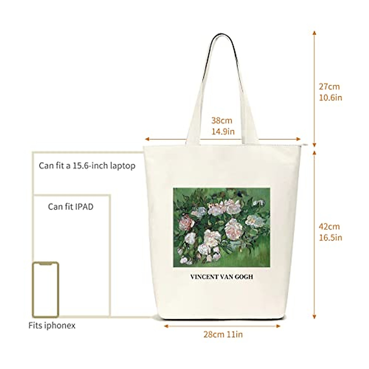 Lidxfeo Canvas Tote Bag Aesthetic, Shoulder Shopping Bag for Women, with Zipper and Inner Pocket, for Shopping, School, Work