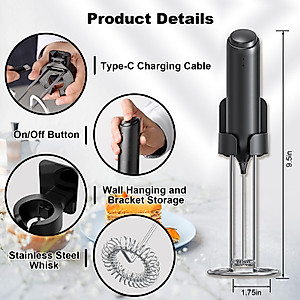 Rechargeable Milk Frother Handheld Foam Maker for Lattes - Whisk Drink Mixer for Coffee with Stand, Mini Electric Foamer for Latte, Cappuccino, Frappe, Matcha, Hot Chocolate (Stand+Black)