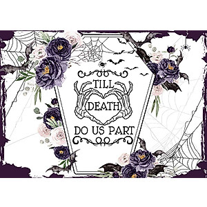 Mocsicka Till Death Do Us Part Backdrop Mr and Mrs Skull Halloween Wedding Party Decoration Flower Coffin Bachelorette Bridal Shower Engagement Party Banner (Purple, 7x5ft(82''x60''))
