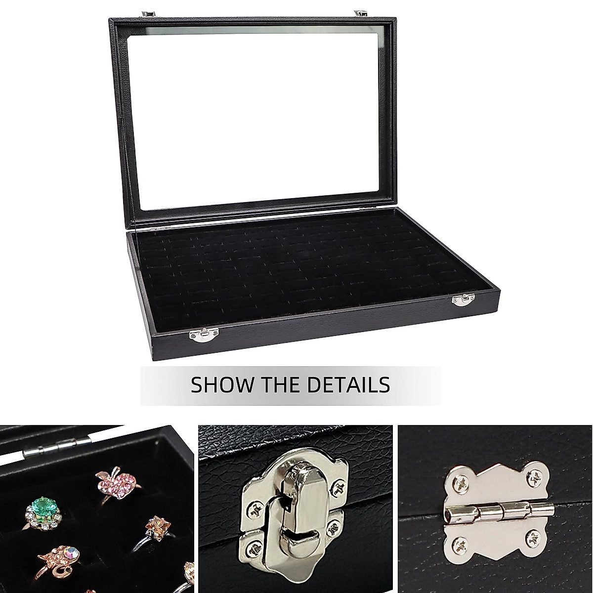 Wudygirl 100 Slots Ring Display Case,Black Jewelry Holder Organizer with Transparent Lid,Ring Boxes for Multiple Rings,Gift for Girls Women(ring organizer)