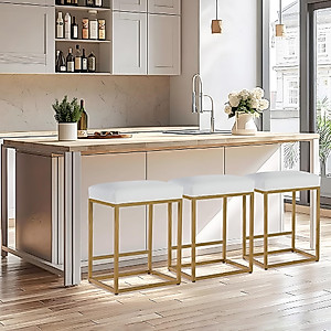 ALPHA HOME 24 Inch Counter Height Bar Stools Set of 3, Upholstered Bar Stools for Kitchen Island, Counter Stools with Faux Leather Cushion and Sturdy Metal Frame, Modern Barstools, White and Gold