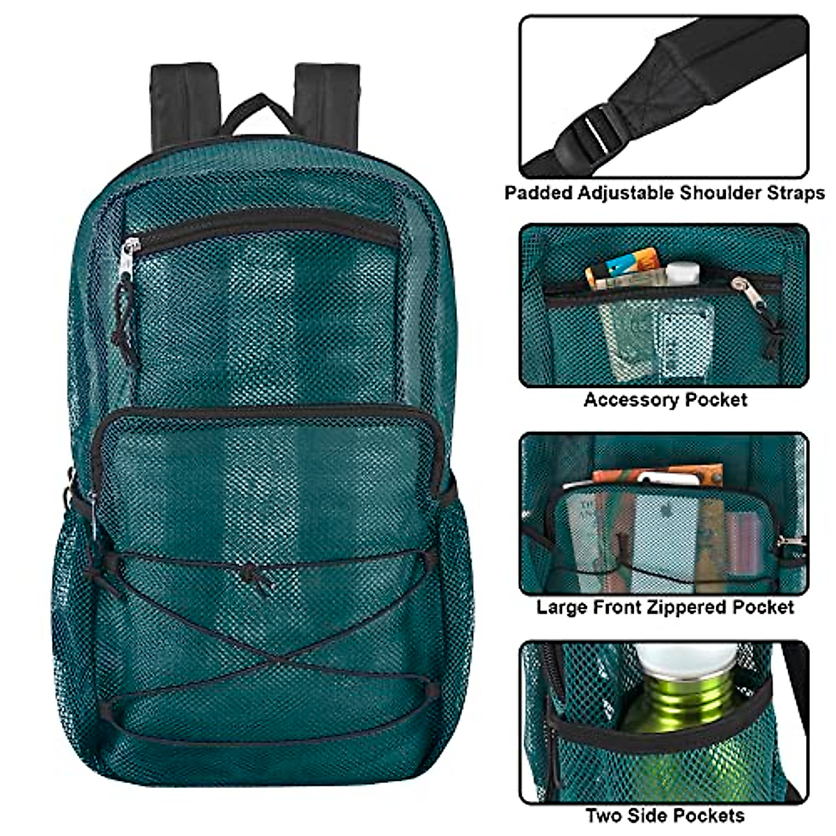 Deluxe See Through Mesh Backpack with Bungee Cord & Adjustable Padded Straps for Swimming, Travel (Green)