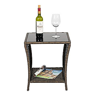 J-SUN-7 Patio Brown Wicker Side Table Outdoor Square Tempered Glass Top End Table with Storage for Patio Courtyard Balcony