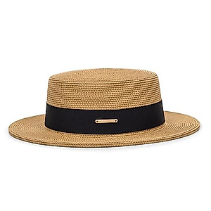 Straw Beach Sun Hat Pork-Pie Boater-Hat for Women Men - Summer Wide Brim Uv-Rays Panama Hat Khaki