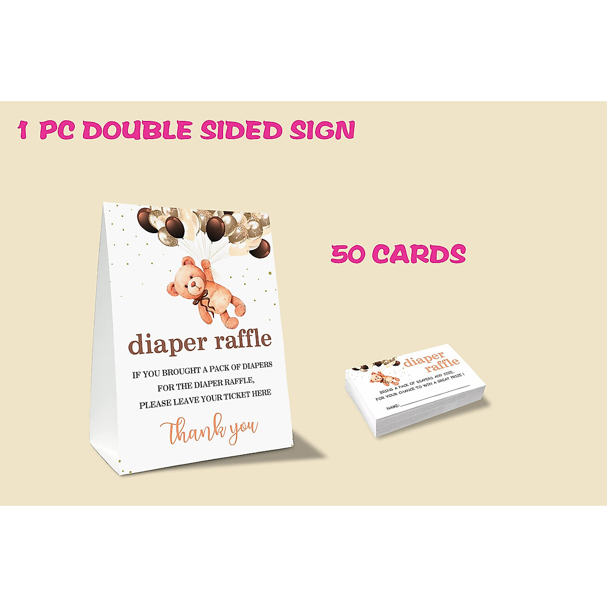 Diaper Raffle Tickets For Baby Shower, Little Bear balloon Themed Cards,Party Favors For Baby Showers Game Cards, 1 Sign & 50 Cards Per Pack – (012-niaobu)