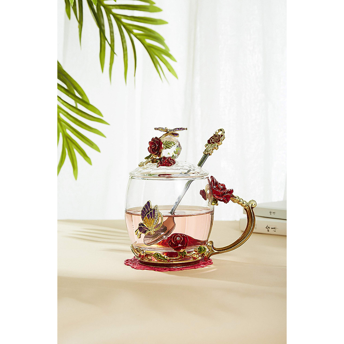Guon-Wuvl Flower Teacup Transparent Glass Teacup, (With Spoon + Lid), Fancy Tea Cups, Flower Tea Cup,Tea Cup Gift, Gifts for Women,Mother's Day Present，Gift Box. (Rose Red Short Cup)