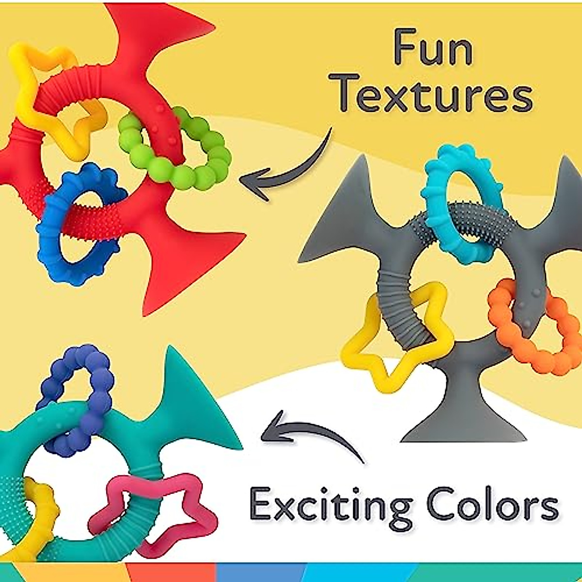 Nuby Silly Three Prong Interactive Suction Toy with Colorful Rings, Gray