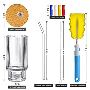 BOICHU Ribbed Glassware Set of 4, Ribbed Glass Cups with Lids and Straws - Vintage Ribbed Drinking Glasses with Bamboo Lids, 11 OZ Cute Fluted Glassware for Iced Coffee,Cocktail,Beer,Smoothie,etc