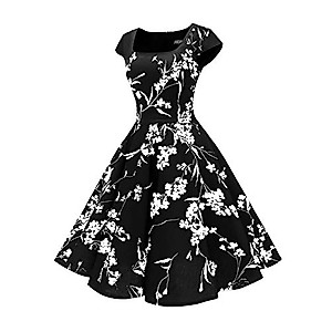 PUKAVT Women's Cocktail Party Dress Cap Sleeve 1950 Retro Swing Dress with Pockets Black Flower M